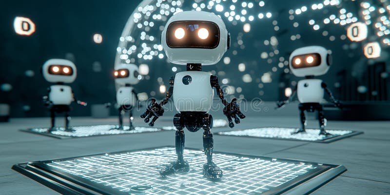 Futuristic Robots on Illuminated Grid AI Technology Concept Stock ...