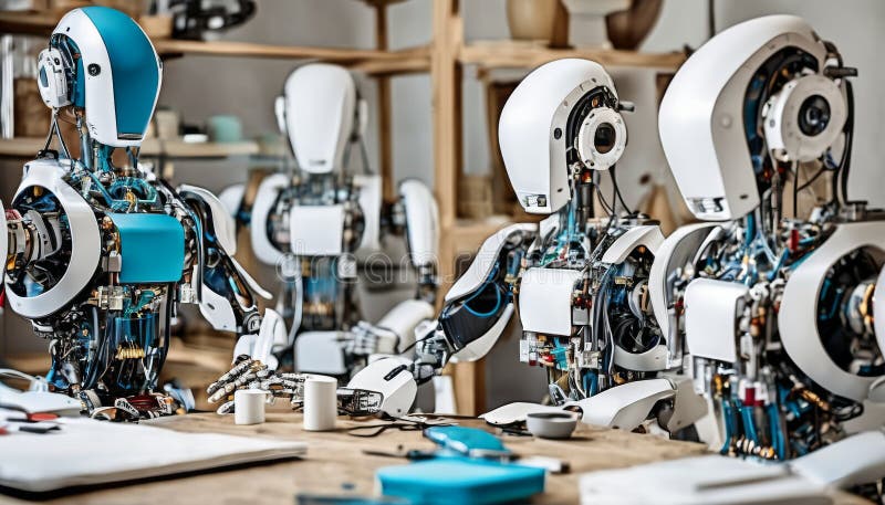 Futuristic Robots in Industrial Workshop Stock Photo - Image of ...