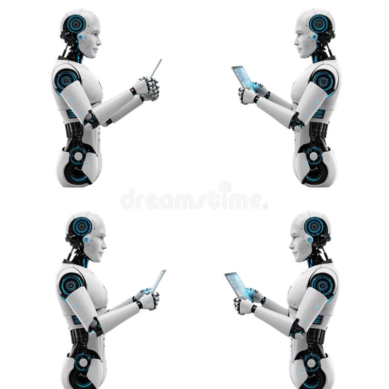 Futuristic Robots Interacting with Digital Tablets Stock Image ...