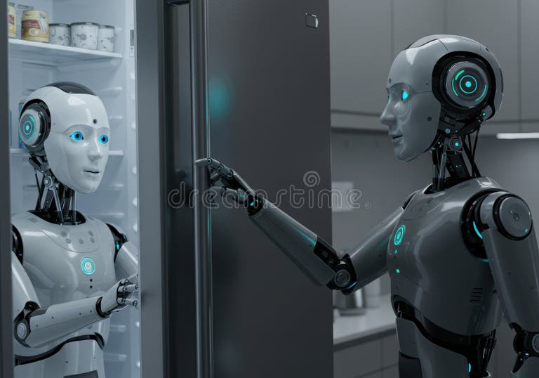 Futuristic Robots Interacting with Smart Refrigerator in Modern Kitchen ...