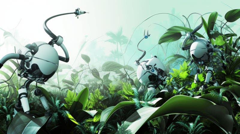 Futuristic Robots Interacting in Vibrant, Lush Forest Environment Stock ...