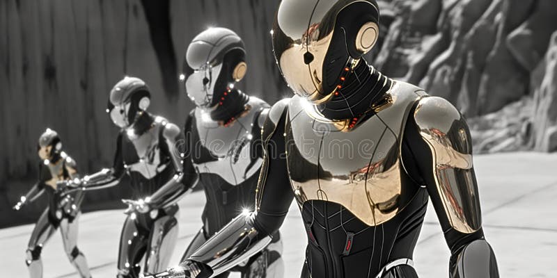 Futuristic Robots in Line on Alien Planet with Metallic Space Suits and ...