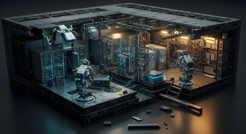 Futuristic Robots Maintaining Data Servers in Dark Cyberpunk Room Stock ...