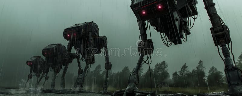 Futuristic Robots Marching in a Rainy Forest Scene Stock Image - Image ...