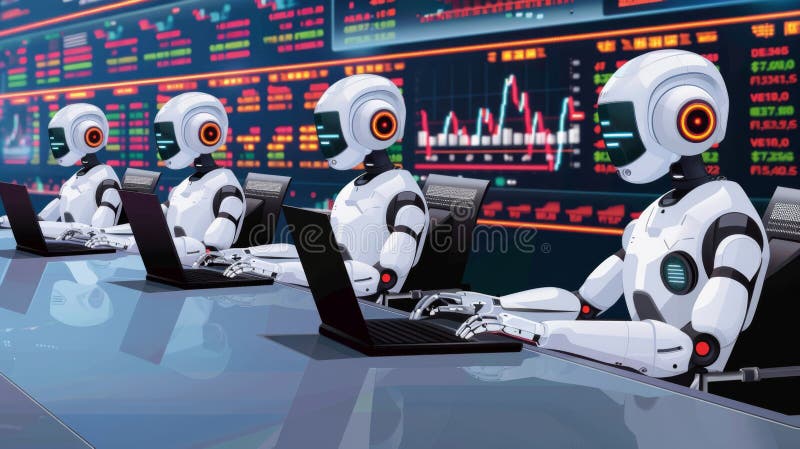 Futuristic Robots Operating High-Tech Control Room Consoles Stock Image ...