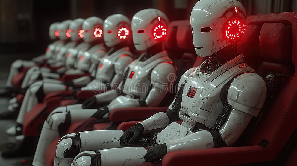 Futuristic Robots Seated in a Row Stock Illustration - Illustration of hardware, machines: 369973922