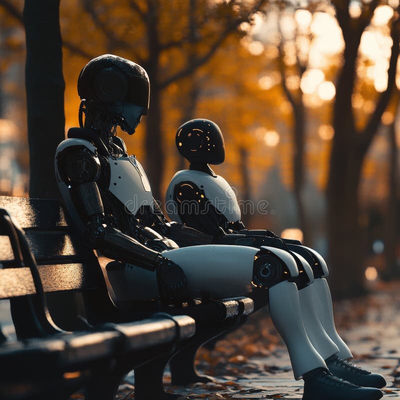 Futuristic Robots Sitting Quietly on a Park Bench in Fall Stock Photo ...