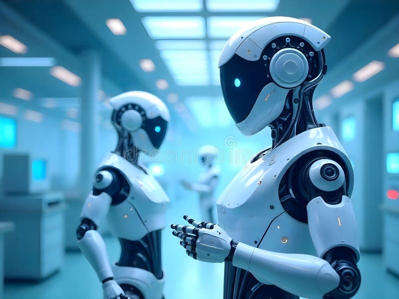 Futuristic Robots with Smooth, White Exteriors and Illuminated Blue Accents are Interacting in a ...
