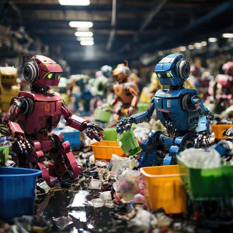 Futuristic Robots Sorting Waste in a Recycling Facility Stock Image ...