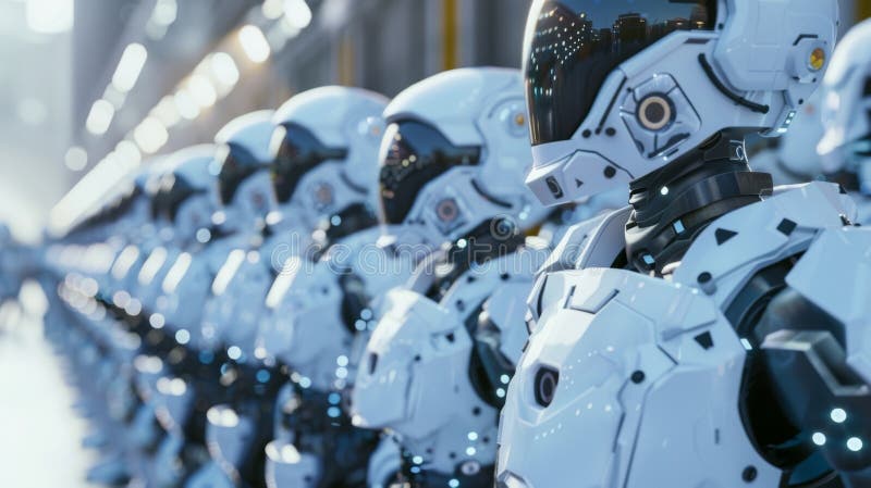 Futuristic Robots Standing in a Row, Embracing Future Technology Stock ...