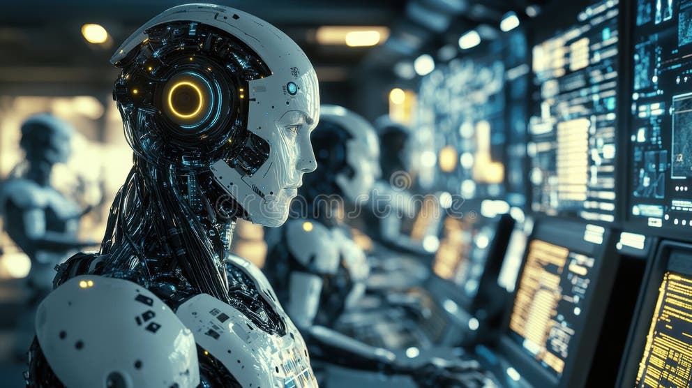 Futuristic Robots Working at HighTech Data Processing Station Stock ...