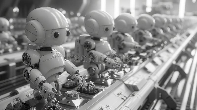 Line of Futuristic Robots Working on Assembly Line in Factory. Concept ...