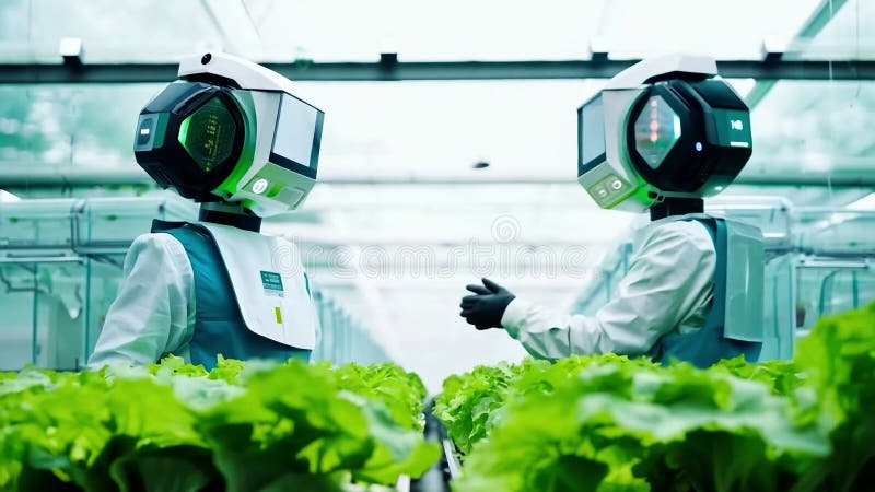 Futuristic Robots Working Together in a Hydroponic Lettuce Farm Stock ...