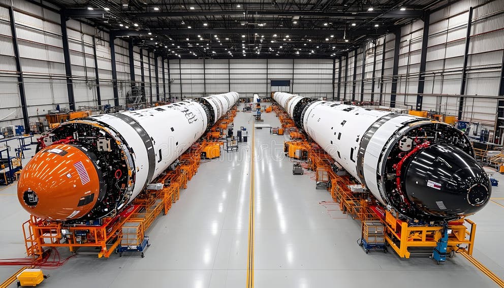 Futuristic Rocket Assembly in Large Industrial Complex Engineering ...