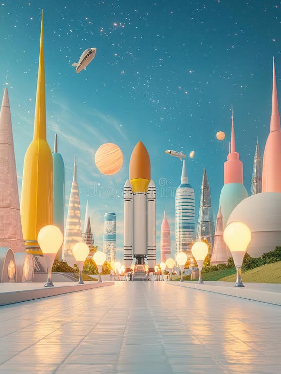 A Futuristic Rocket Dock with Light Bulb-shaped Ships Ready for Takeoff ...