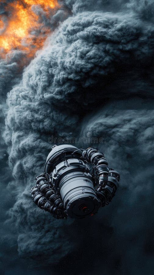 A Futuristic Rocket Engine Amidst Dramatic Clouds and Fiery Backdrop ...