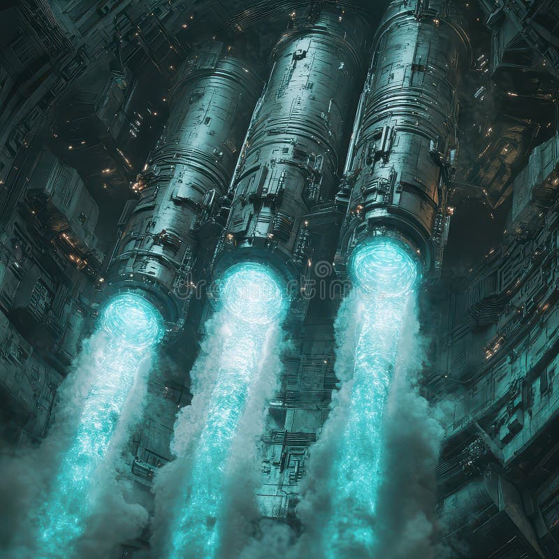 Futuristic Rocket Engines Igniting with Bright Blue Exhaust Flames ...
