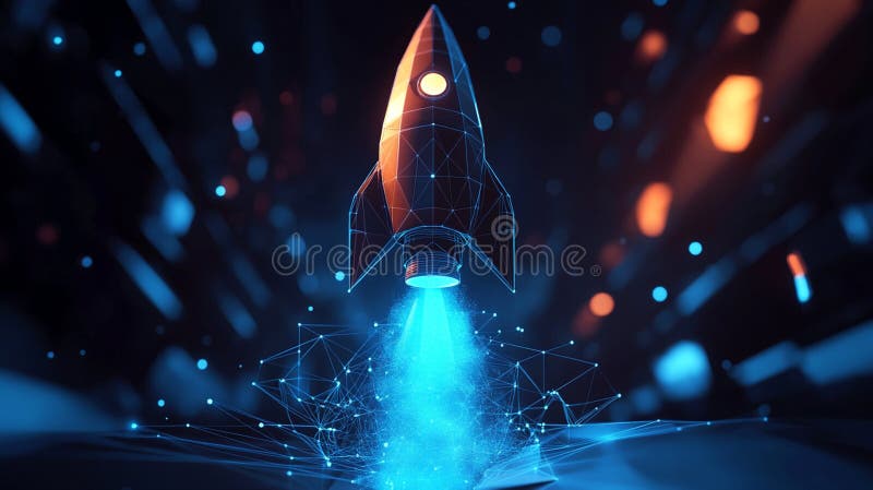 Abstract Low Poly Rocket Launch Blue Orange Digital Art Futuristic ...