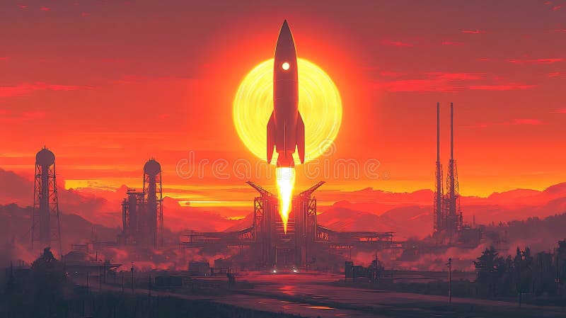Futuristic Rocket Launch Complex in Holographic Glow Against Dramatic ...