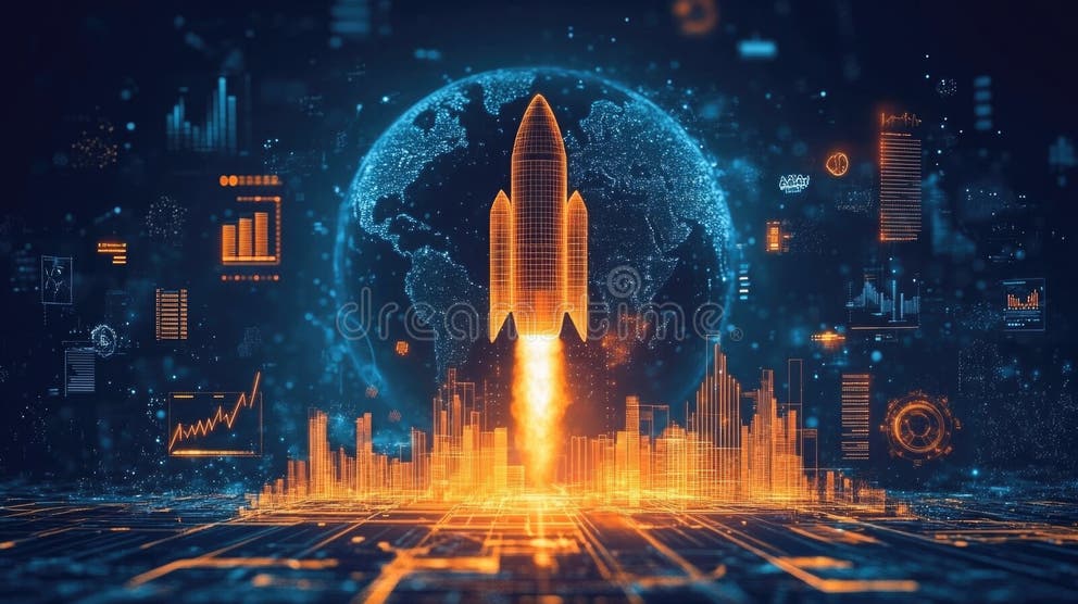 Futuristic Rocket Launch with Digital Charts and Global Connectivity ...