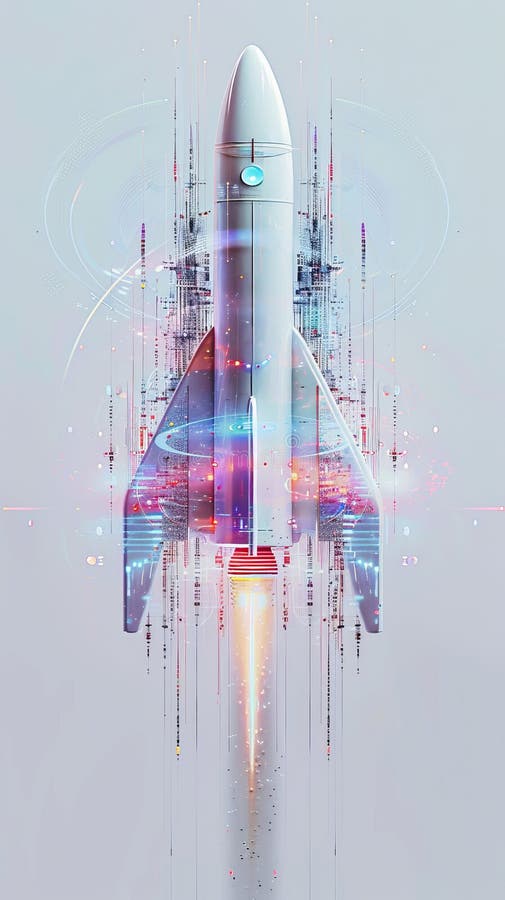 Futuristic Rocket Launch with Digital Elements and Neon Lights Stock ...