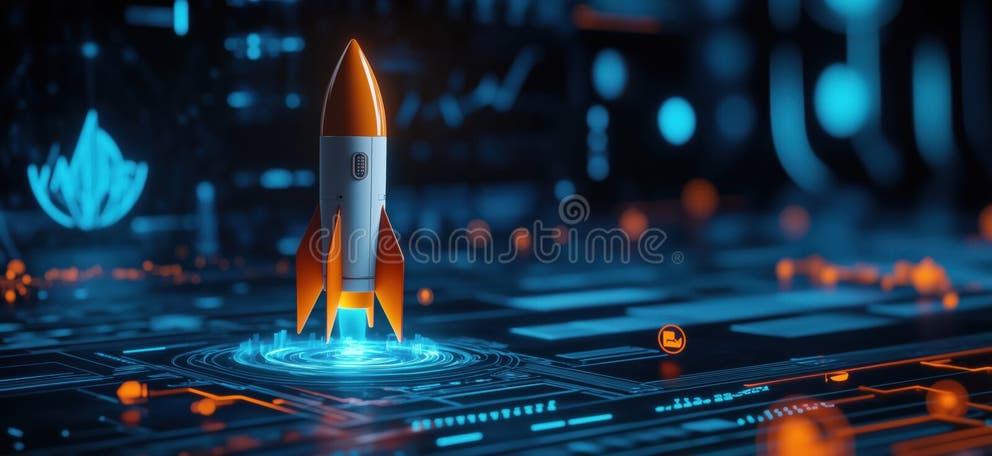 Futuristic Rocket Launch on Digital Interface with Glowing Circuits and ...