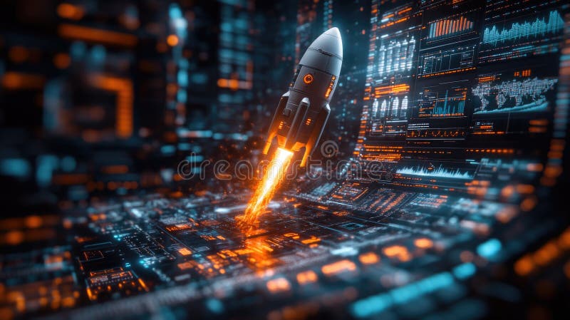 Futuristic Rocket Launch in Digital Space with Data Interface ...