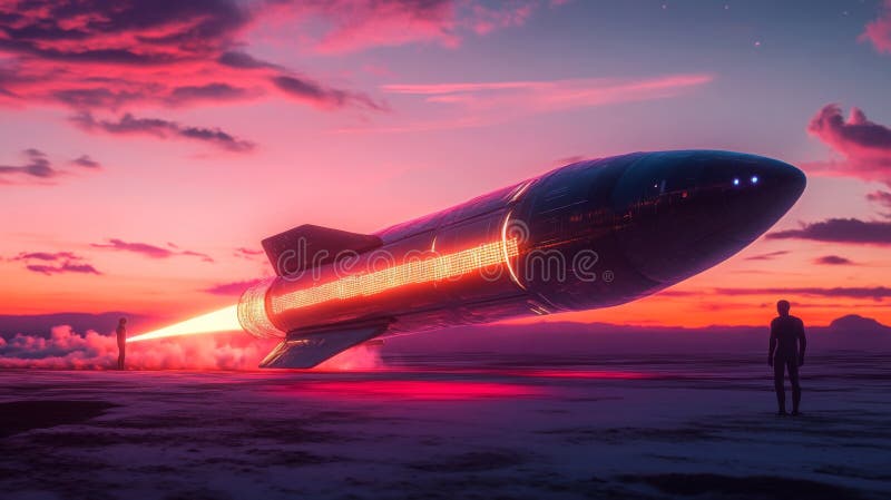 Futuristic Rocket Launch at Dusk with Vibrant Sunset Colors ...