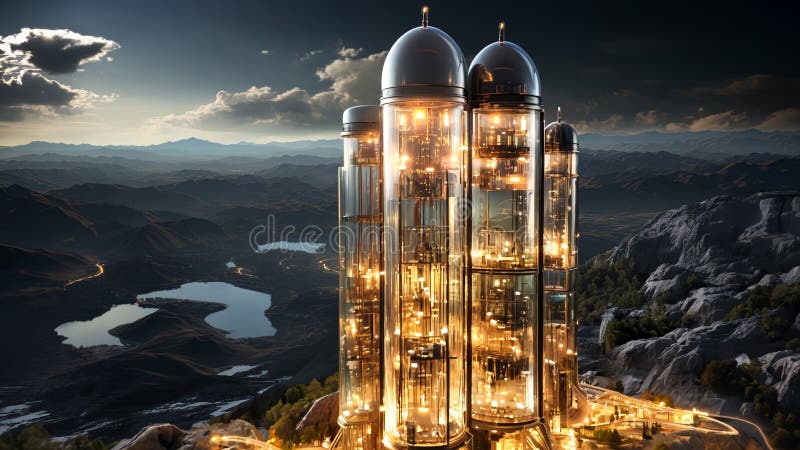 Futuristic Rocket Launch Facility at Dusk in Mountain Landscape Stock ...