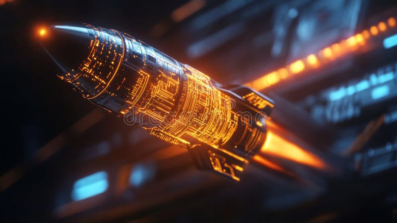 Futuristic Rocket Launch with Glowing Digital Elements in a High-tech ...