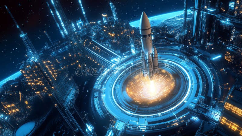 A Futuristic Rocket Launch from a Glowing Space Station Above Earth at ...