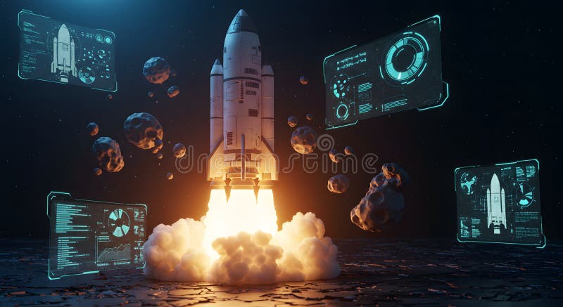 Futuristic Rocket Launch from High-Tech Space Lab Stock Illustration ...