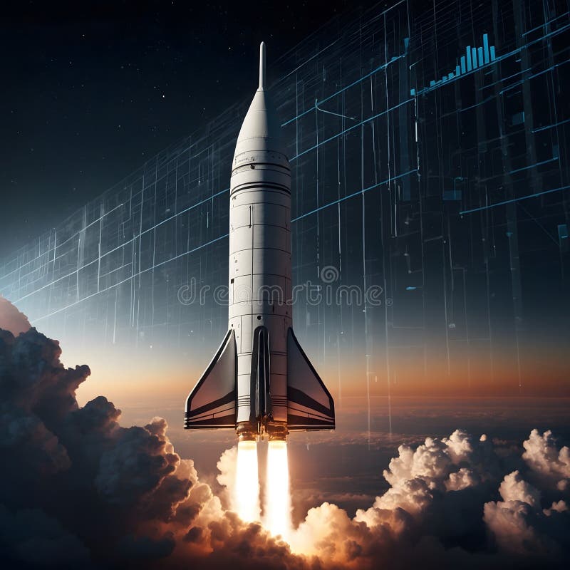 Futuristic Rocket Launch Illustration with Digital Grid and Streaming Data Elements Stock Photo ...