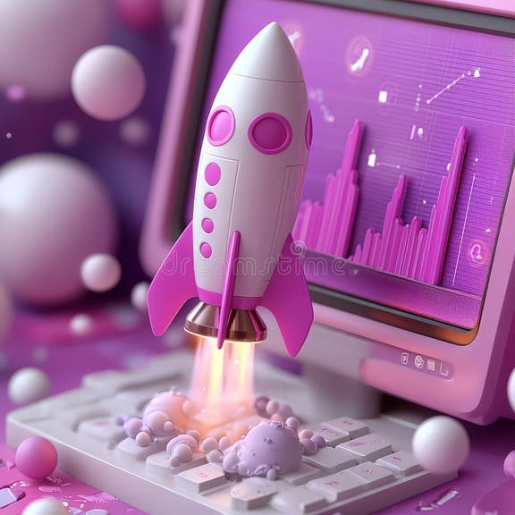 Futuristic Rocket Launch Illustration with Graphs on Screen, Growth and ...