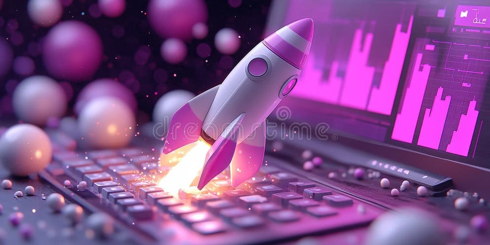Futuristic Rocket Launch Illustration with Graphs on Screen, Growth and ...