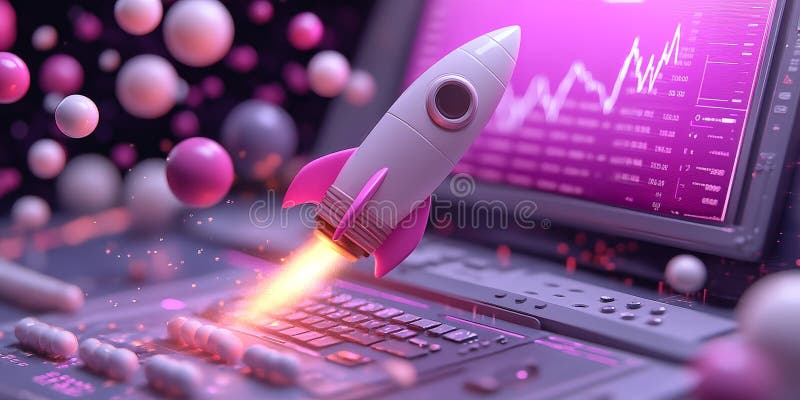 Futuristic Rocket Launch Illustration with Graphs on Screen, Growth and ...