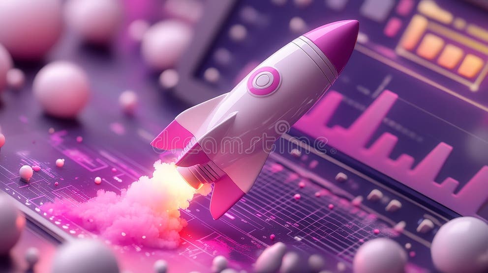 Futuristic Rocket Launch Illustration with Graphs on Screen, Growth and ...