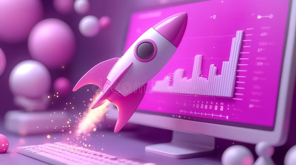 Futuristic Rocket Launch Illustration with Graphs on Screen, Growth and ...