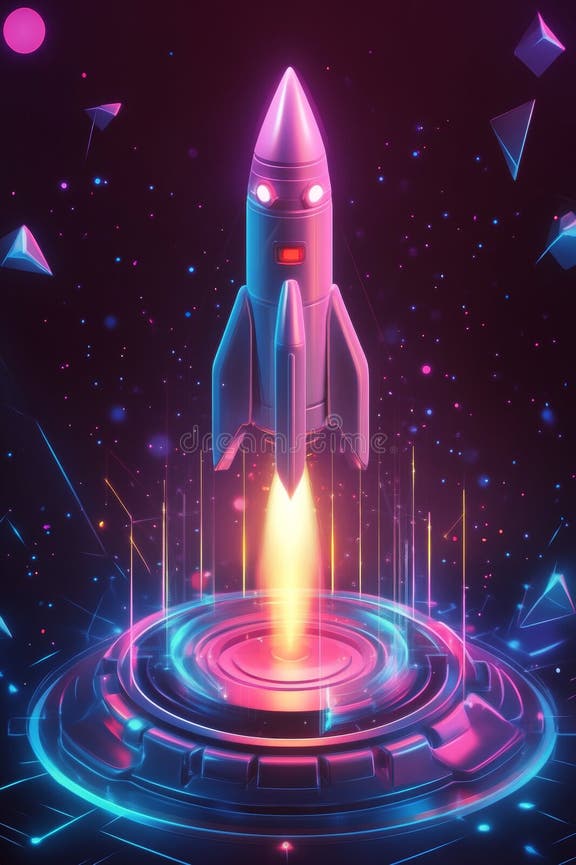 Futuristic Rocket Launch in Neon Colors Stock Illustration ...