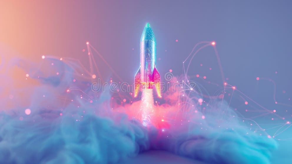 Futuristic Rocket Launch with Neon Lights and Smoke on Gradient ...