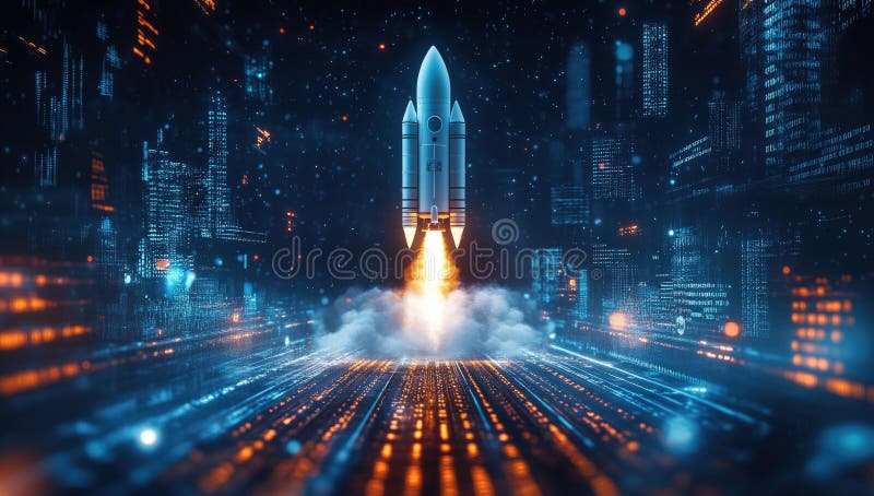 Futuristic Rocket Launch Over a Digital City Stock Illustration ...