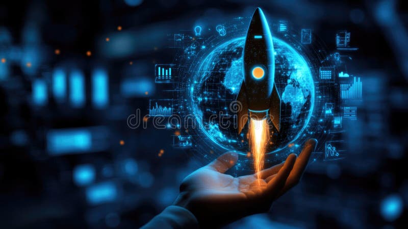 Futuristic Rocket Launch Over Digital Interface with Glowing Data and ...
