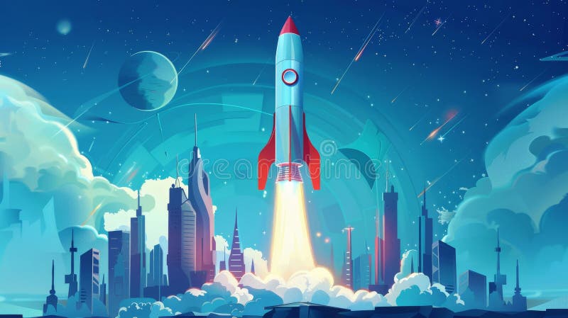 Futuristic Rocket Launch Over Modern Cityscape a Vibrant Illustration ...