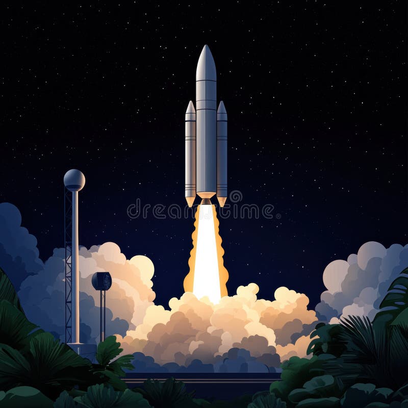 Futuristic Rocket Launch at Retro Spaceport Under a Starry Cosmic Sky ...