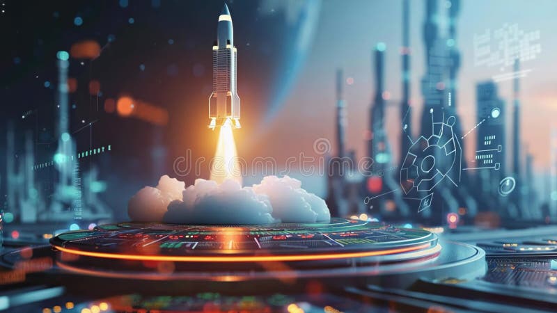 Futuristic Rocket Launch in Space City with Digital Interface and ...