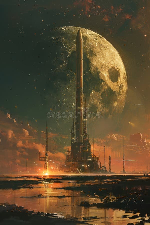 Futuristic Rocket Launch Station with Moon Backdrop and Sci-Fi ...
