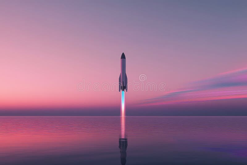 Futuristic Rocket Launch at Sunset Over Calm Waters Stock Photo - Image ...