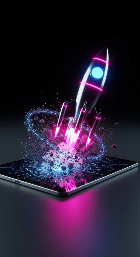 Futuristic Rocket Launch on a Tablet Screen Stock Image - Image of ...