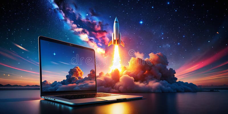 Futuristic Rocket Launch Visualization on Laptop Screen a 3D Render ...