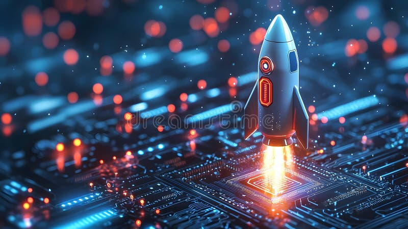 AI Rocket Launching from Digital Chip Background Stock Illustration ...